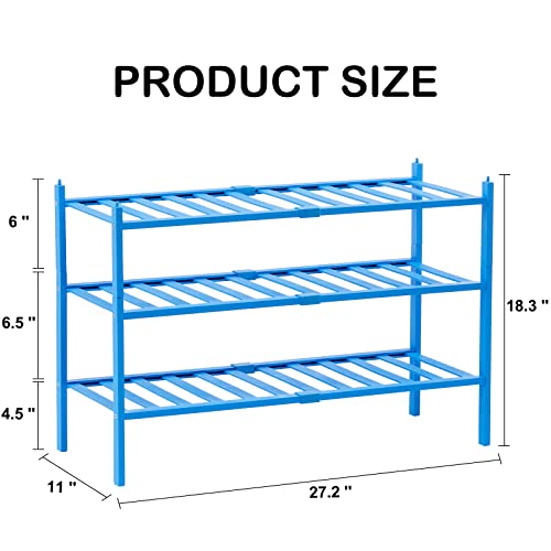 Quiqear Bamboo Shoe Rack, 3 Tier Shoe Rack Organizer, Stackable & Durable Shoe Shelf Holder, Free Standing Shoe Racks, Shoe Storage Organizer for Entryway, Closet, Hallway, 27.2*11*18.3inch (Blue)