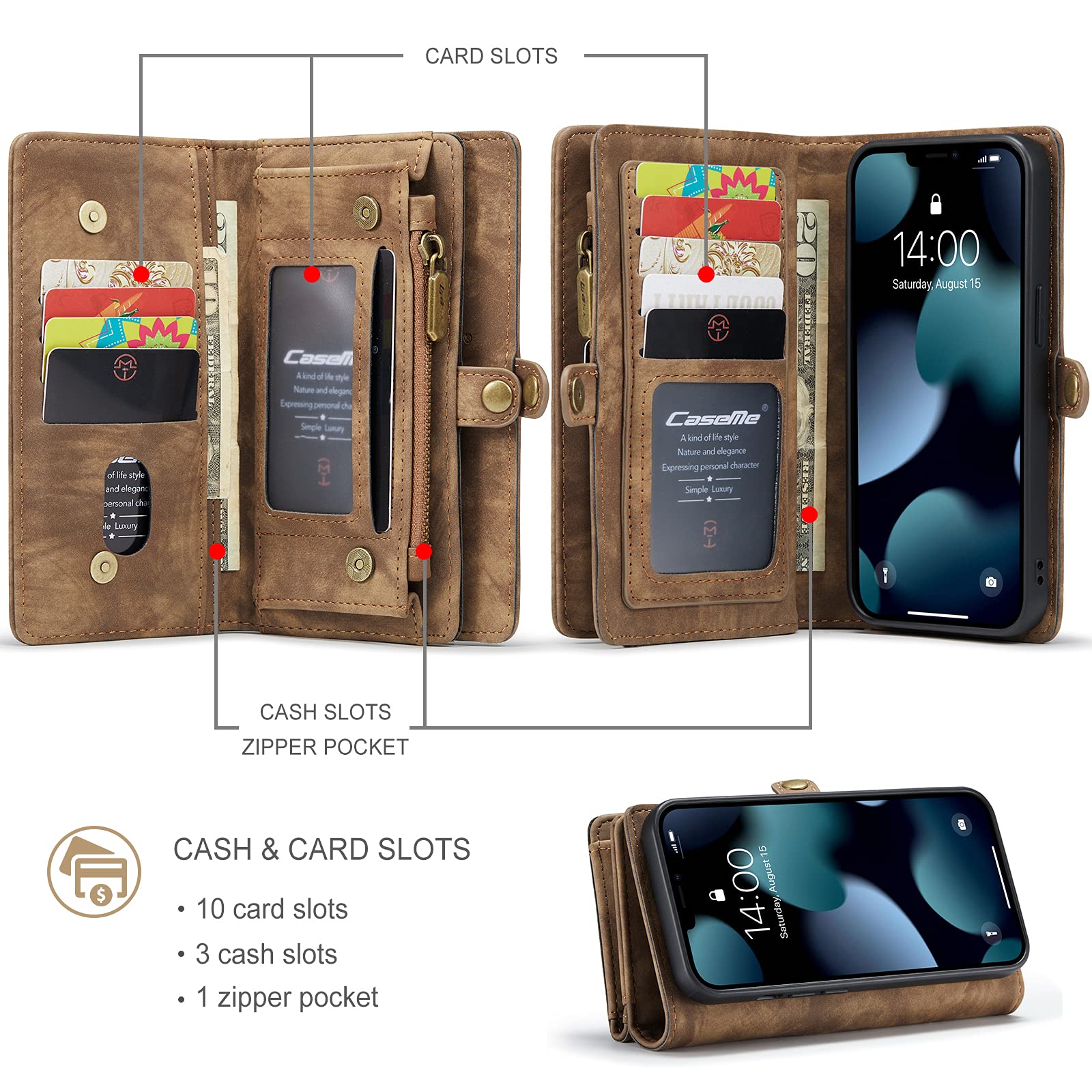 SZHAIYU Wallet Case Compatible with iPhone 13 Mini Cover with Card Holder Leather Flip Retro 2 in 1 Detachable Magnetic Zipper Pocket Thin Phone Cases 5.4' (Brown)
