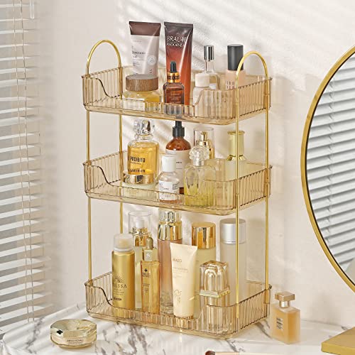 Bathroom Organizer Countertop, Vanity Organizer Trays for Bathroom Counter, Bathroom Tray Counter Organizer, Plastic Tray Stand for Perfume, Makeup, Skincare(Yellow, 3 Tiers)