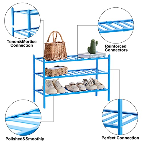 Quiqear Bamboo Shoe Rack, 3 Tier Shoe Rack Organizer, Stackable & Durable Shoe Shelf Holder, Free Standing Shoe Racks, Shoe Storage Organizer for Entryway, Closet, Hallway, 27.2*11*18.3inch (Blue)