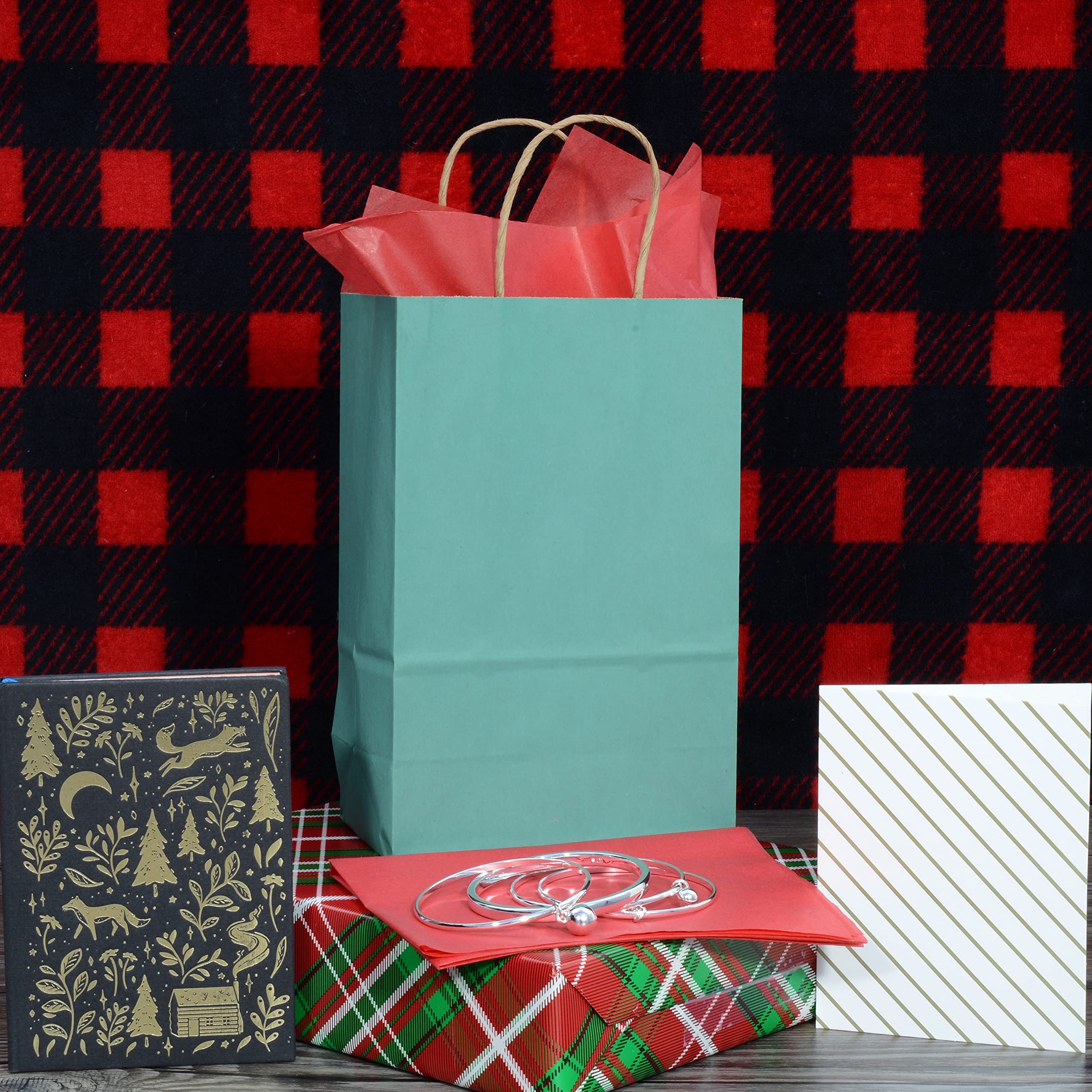 Prime Line Packaging 6x3x9 50 Pack Green Small Gift Bags with Handles, Kraft Colored Paper Bags, Recycled Bags, Items for Wedding Welcome Bags, Bulk