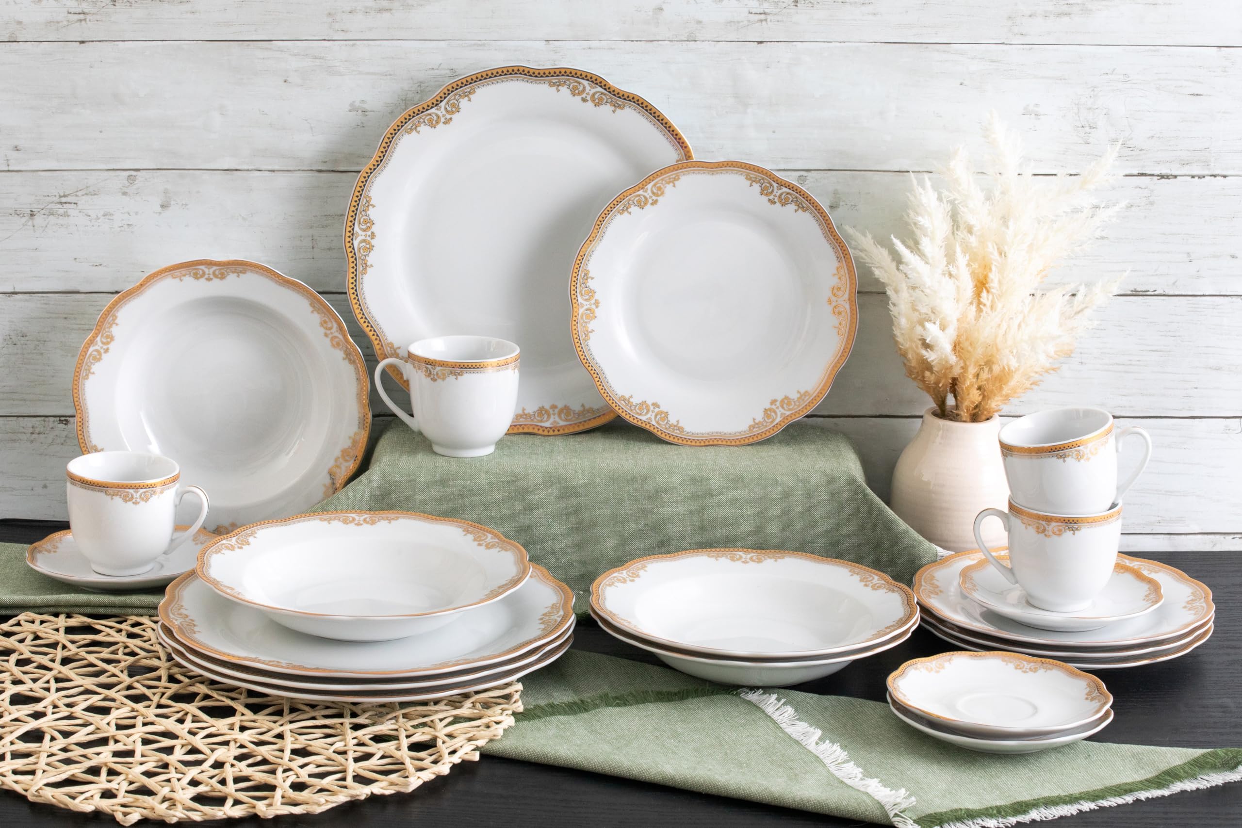 Royalty Porcelain 20 pc Dinnerware Set with Gold Floral Ornament, Bone China, gold, white