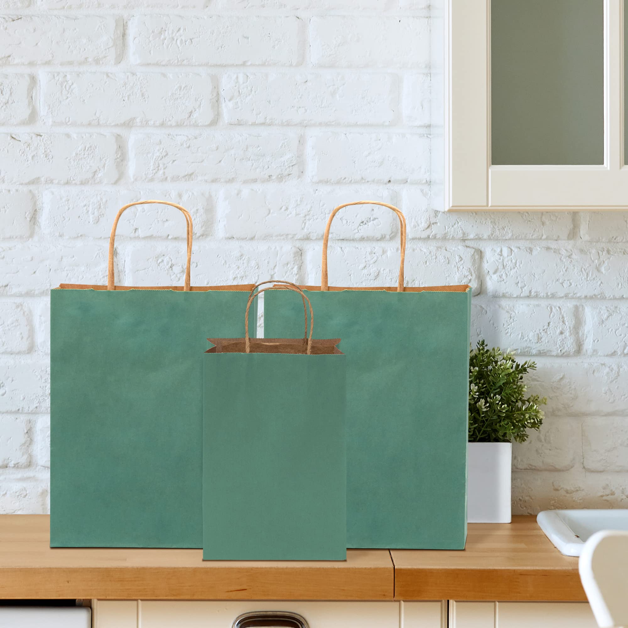 Prime Line Packaging 6x3x9 50 Pack Green Small Gift Bags with Handles, Kraft Colored Paper Bags, Recycled Bags, Items for Wedding Welcome Bags, Bulk