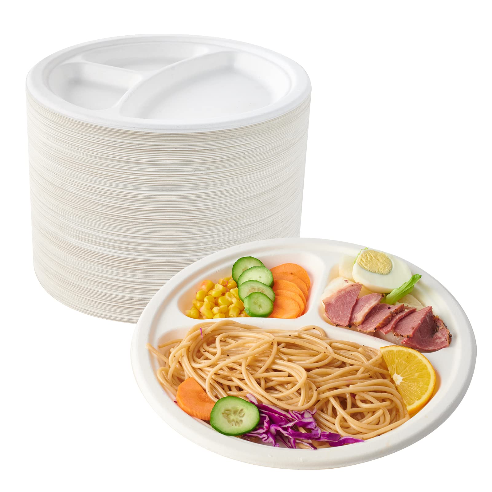 ECOLipak 150 Pack Compostable 3 Compartment Plates, Heavy-Duty Disposable Biodegradable Paper Plates, 8.85 inch Eco-Friendly Sugarcane Bagasse Divided Plates for Dinner