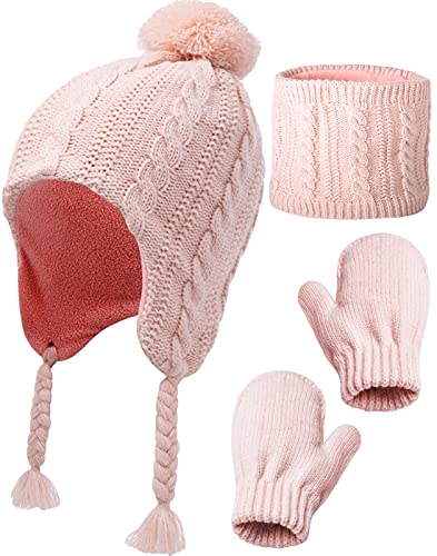 KMOLY Kids Winter Hat Scarf Gloves Set for Girls Boys 3-8 Years,Toddler Earflap Beanie Neck Warmer Mittens Fleece Lined Set