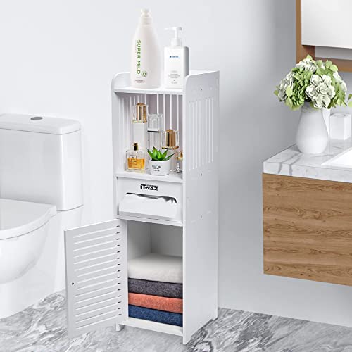 ITWAZ Multipurpose Bathroom Standing Cabinet with Single Door and 3-Layer, Free-Standing Shelves for Living Room Bathroom Storage Cabinet,9.8" Lx9.8 Wx31.5 H White B