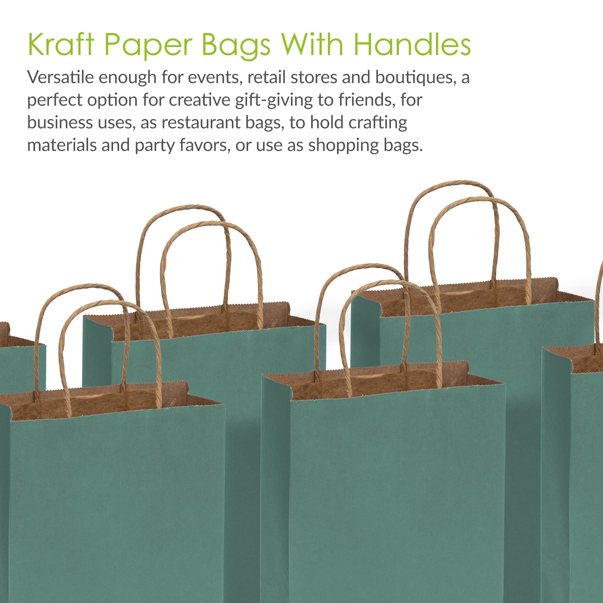 Prime Line Packaging 6x3x9 50 Pack Green Small Gift Bags with Handles, Kraft Colored Paper Bags, Recycled Bags, Items for Wedding Welcome Bags, Bulk
