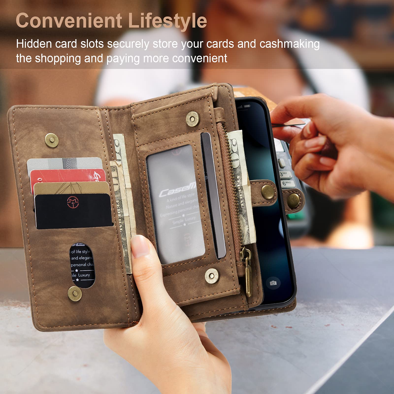 SZHAIYU Wallet Case Compatible with iPhone 13 Mini Cover with Card Holder Leather Flip Retro 2 in 1 Detachable Magnetic Zipper Pocket Thin Phone Cases 5.4' (Brown)