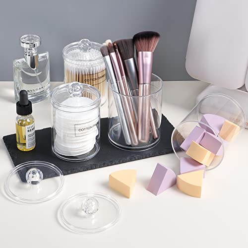 4 Pack Qtip Holder Dispenser - 10oz, 12oz Clear Plastic Apothecary Jars Set - Restroom Bathroom Makeup Organizers Containers for Floss, Cotton Ball, Cotton Swab, Cotton Round Pads, Hair Ties, Bath Salt