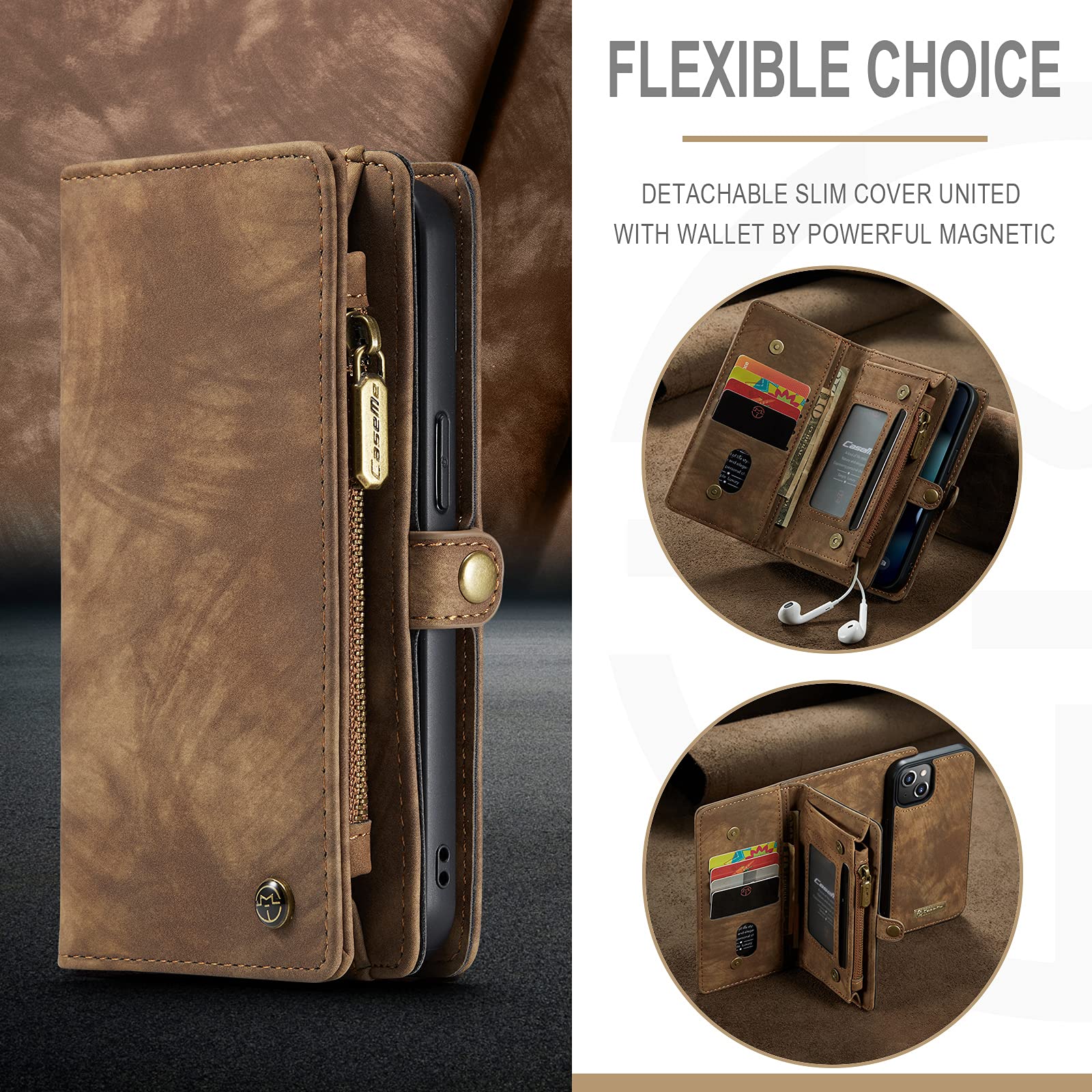 SZHAIYU Wallet Case Compatible with iPhone 13 Mini Cover with Card Holder Leather Flip Retro 2 in 1 Detachable Magnetic Zipper Pocket Thin Phone Cases 5.4' (Brown)