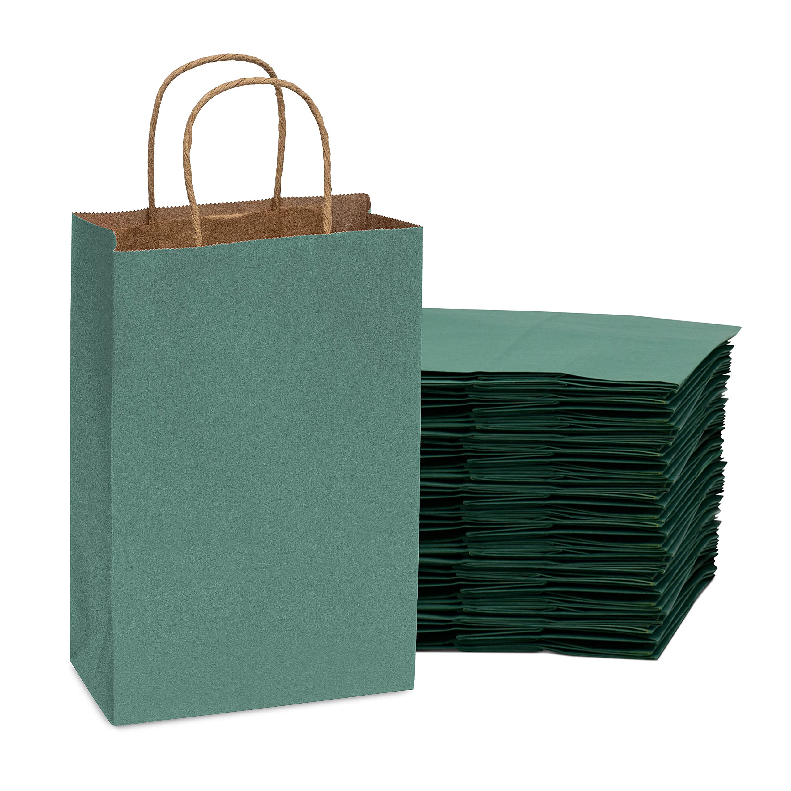 Prime Line Packaging 6x3x9 50 Pack Green Small Gift Bags with Handles, Kraft Colored Paper Bags, Recycled Bags, Items for Wedding Welcome Bags, Bulk