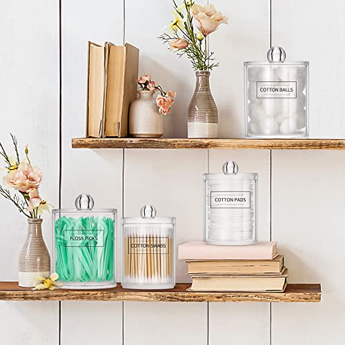 4 Pack Qtip Holder Dispenser - 10oz, 12oz Clear Plastic Apothecary Jars Set - Restroom Bathroom Makeup Organizers Containers for Floss, Cotton Ball, Cotton Swab, Cotton Round Pads, Hair Ties, Bath Salt