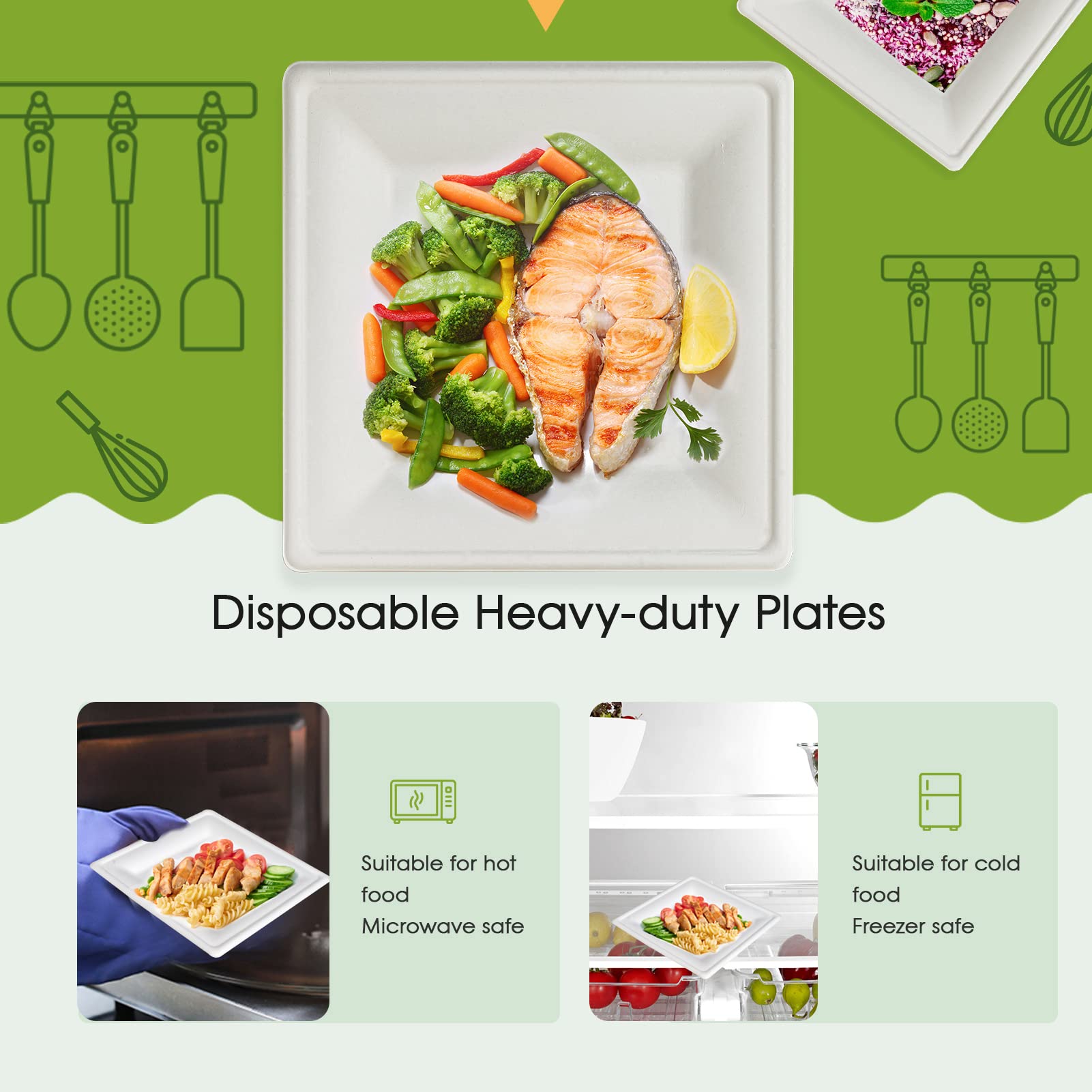 ECOLipak 120 Pack Compostable Paper Plates, 10 inch and 8 inch Heavy Duty Disposable Square Plates, Eco friendly Sugarcane Biodegradable Plates for Party Dinner Birthday