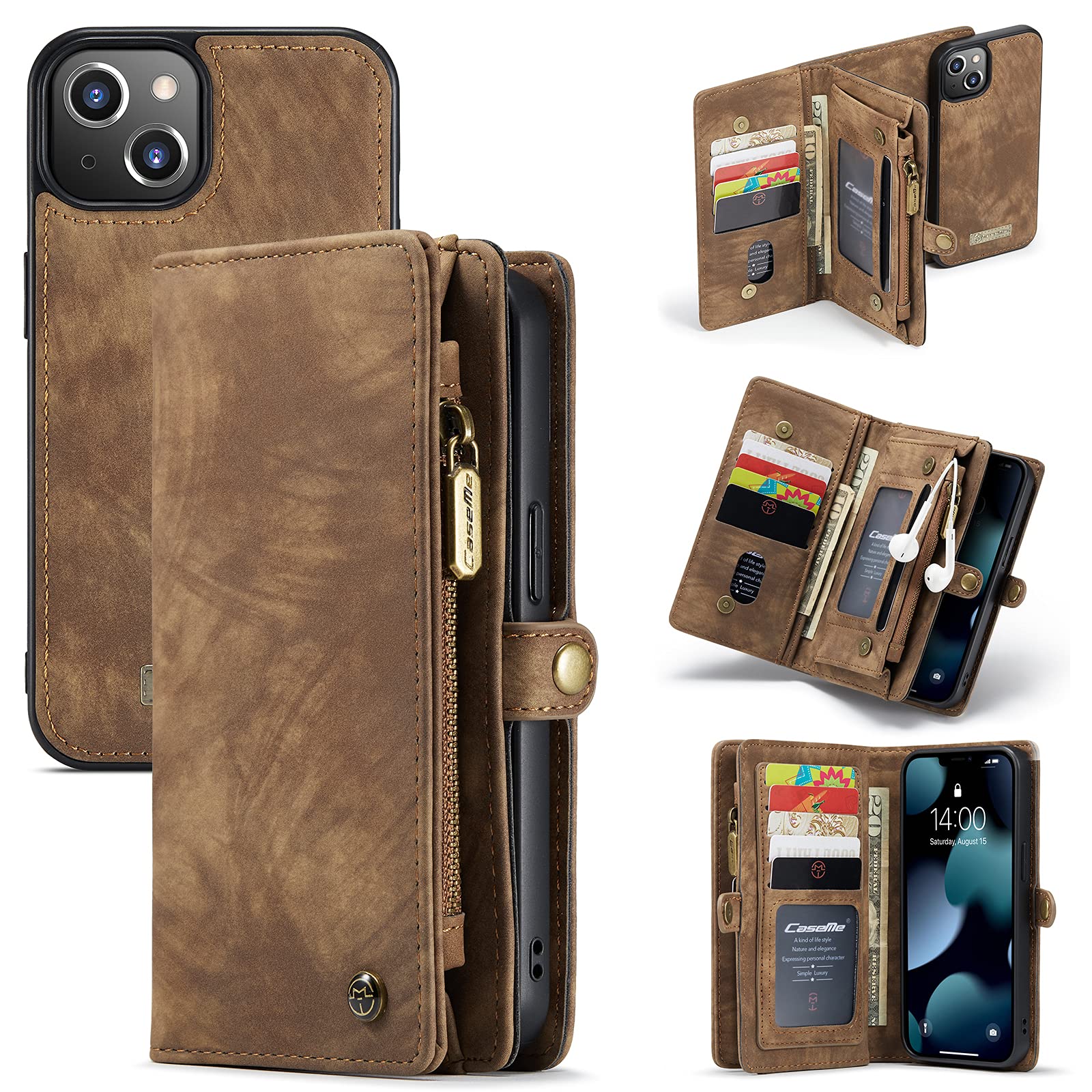 SZHAIYU Wallet Case Compatible with iPhone 13 Mini Cover with Card Holder Leather Flip Retro 2 in 1 Detachable Magnetic Zipper Pocket Thin Phone Cases 5.4' (Brown)