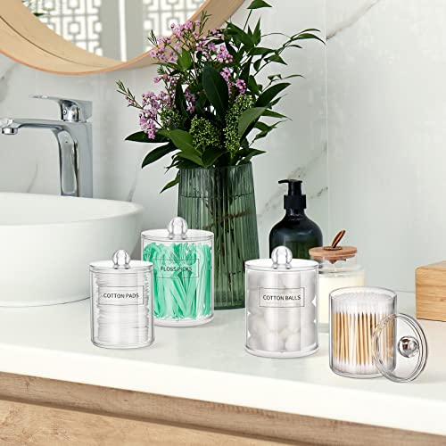 4 Pack Qtip Holder Dispenser - 10oz, 12oz Clear Plastic Apothecary Jars Set - Restroom Bathroom Makeup Organizers Containers for Floss, Cotton Ball, Cotton Swab, Cotton Round Pads, Hair Ties, Bath Salt