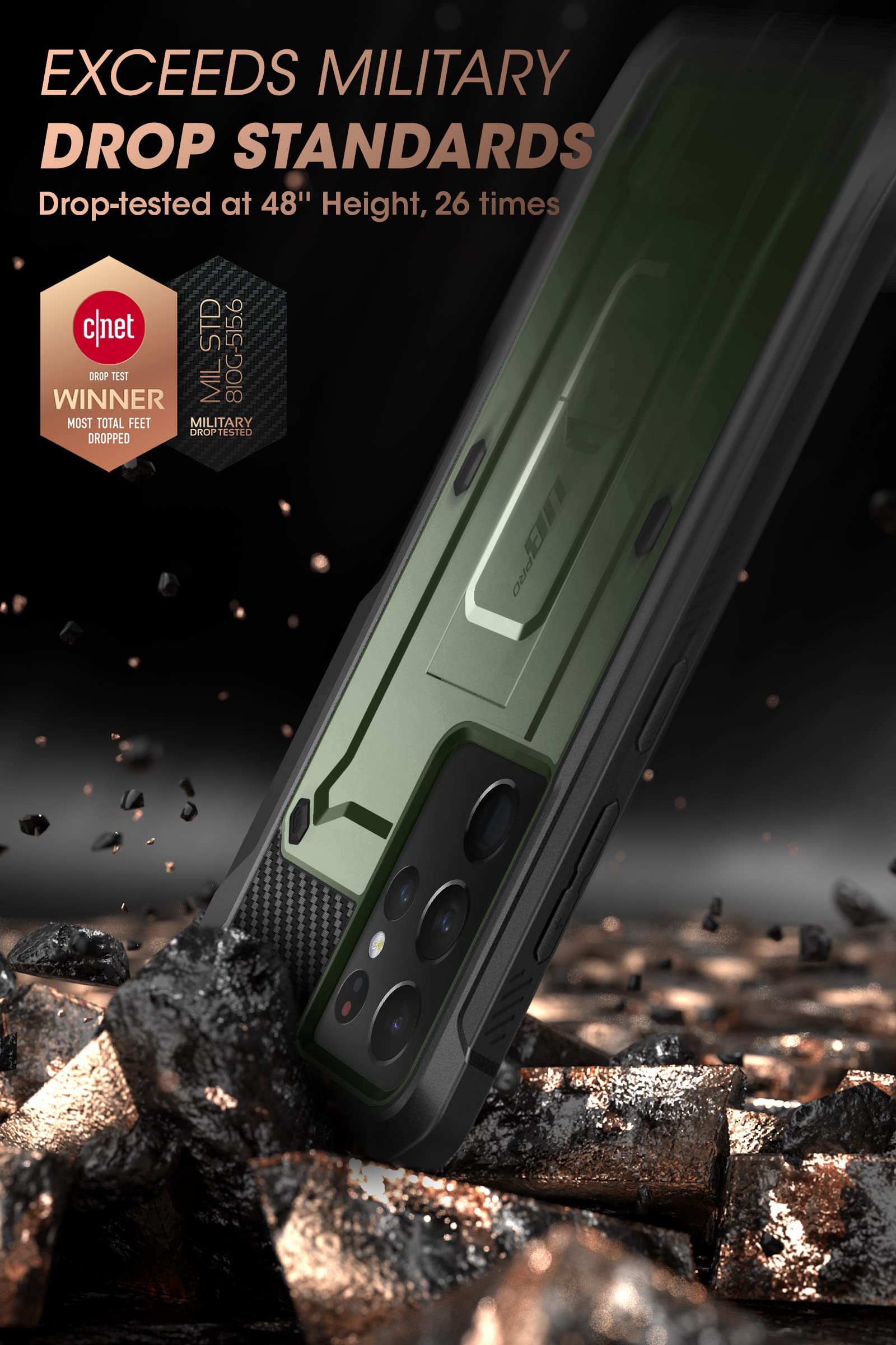 SUPCASE Unicorn Beetle Pro S Pen Slot Holder Dual Layer Rugged Holster Case for Samsung S21 Ultra, Metallic Green