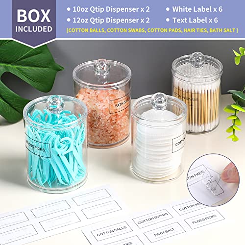 4 Pack Qtip Holder Dispenser - 10oz, 12oz Clear Plastic Apothecary Jars Set - Restroom Bathroom Makeup Organizers Containers for Floss, Cotton Ball, Cotton Swab, Cotton Round Pads, Hair Ties, Bath Salt