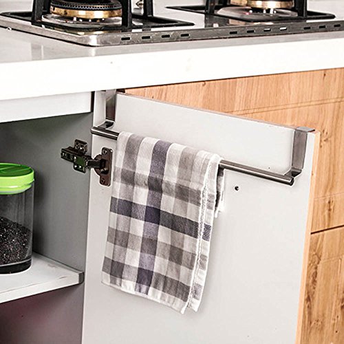 BCDlily Metal Towel Rack Bar Kitchen Over Cabinet Over Door Hand Towel Holder Work Glove Dishcloth Washcloths Organizer Hanger (Silver 2)
