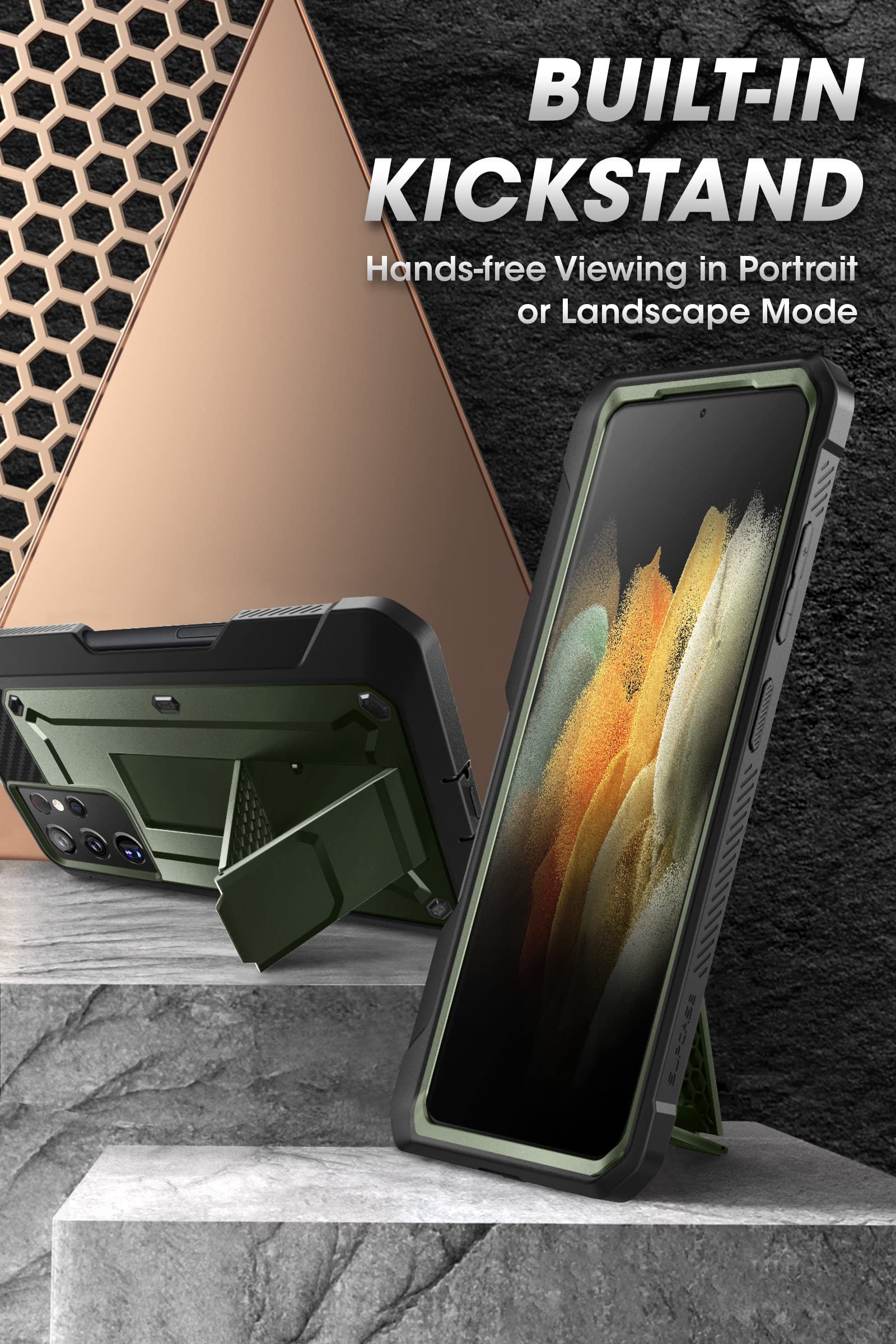 SUPCASE Unicorn Beetle Pro S Pen Slot Holder Dual Layer Rugged Holster Case for Samsung S21 Ultra, Metallic Green