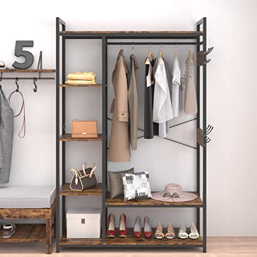 Free Standing Closet Organizer with Storage Box & Side Hook, Portable Garment Rack with 6 Heavy Duty Shelves and Hanging Rod, Black Metal Frame Hanging Closet Shelves - Rustic Brown