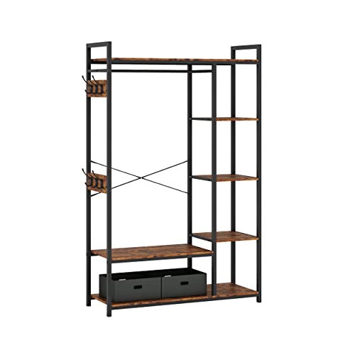 Free Standing Closet Organizer with Storage Box & Side Hook, Portable Garment Rack with 6 Heavy Duty Shelves and Hanging Rod, Black Metal Frame Hanging Closet Shelves - Rustic Brown