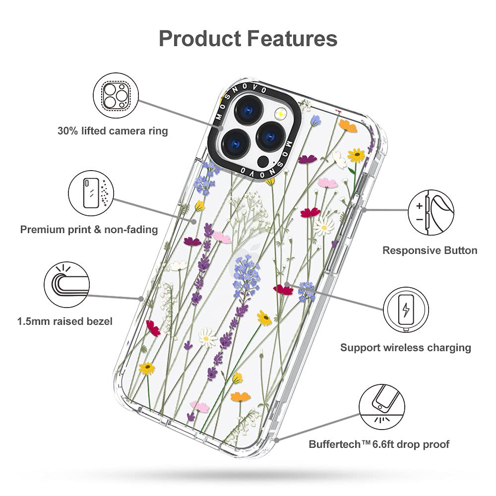 MOSNOVO Case for iPhone 13 Pro Max, [Buffertech 6.6ft Military-Grade Drop Protection] [Anti Peel Off Tech] Clear TPU Bumper Phone Case Cover Design - Floral Garden