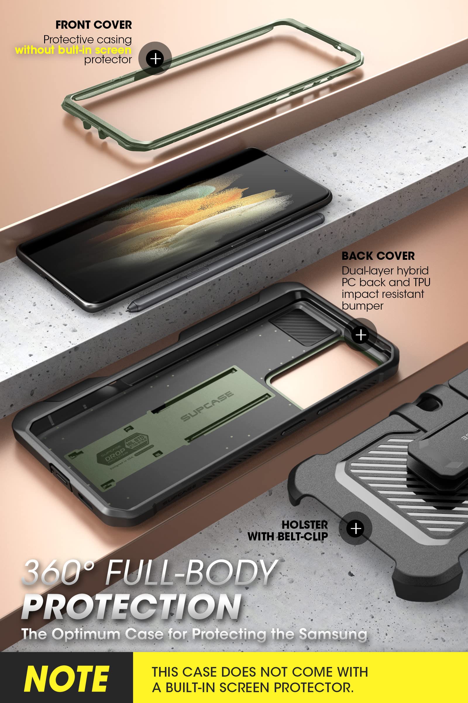 SUPCASE Unicorn Beetle Pro S Pen Slot Holder Dual Layer Rugged Holster Case for Samsung S21 Ultra, Metallic Green