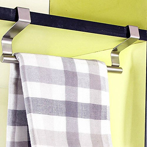 BCDlily Metal Towel Rack Bar Kitchen Over Cabinet Over Door Hand Towel Holder Work Glove Dishcloth Washcloths Organizer Hanger (Silver 2)