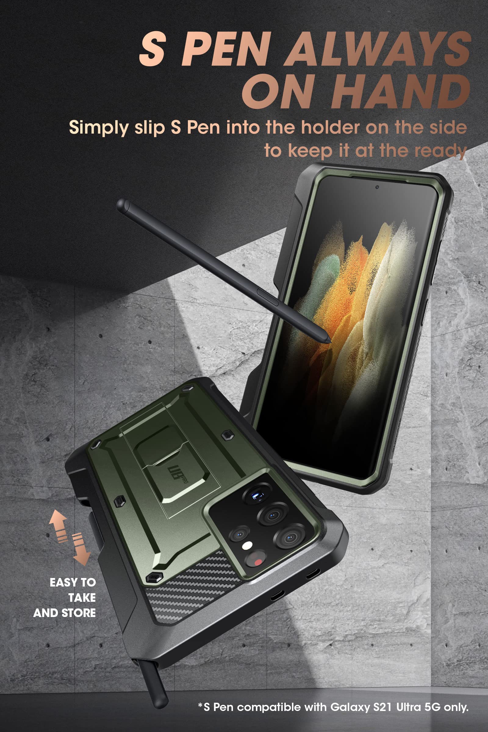 SUPCASE Unicorn Beetle Pro S Pen Slot Holder Dual Layer Rugged Holster Case for Samsung S21 Ultra, Metallic Green