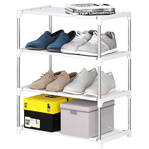 SHELAKET Stackable Small Shoe Rack，Upgrade 4-Tier Kids Shoe Shelf Storage Organizer for Entryway, Hallway and Closet (White)