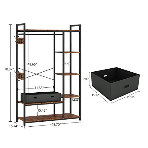 Free Standing Closet Organizer with Storage Box & Side Hook, Portable Garment Rack with 6 Heavy Duty Shelves and Hanging Rod, Black Metal Frame Hanging Closet Shelves - Rustic Brown