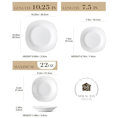MALACASA Plates and Bowls Set for 12, Opal Glass Dinnerware Sets Chip Resistant, 36-Piece White Square Dinner Set with Plates, Dishes and Bowls, Dish Set Microwave Safe, Series Esmer