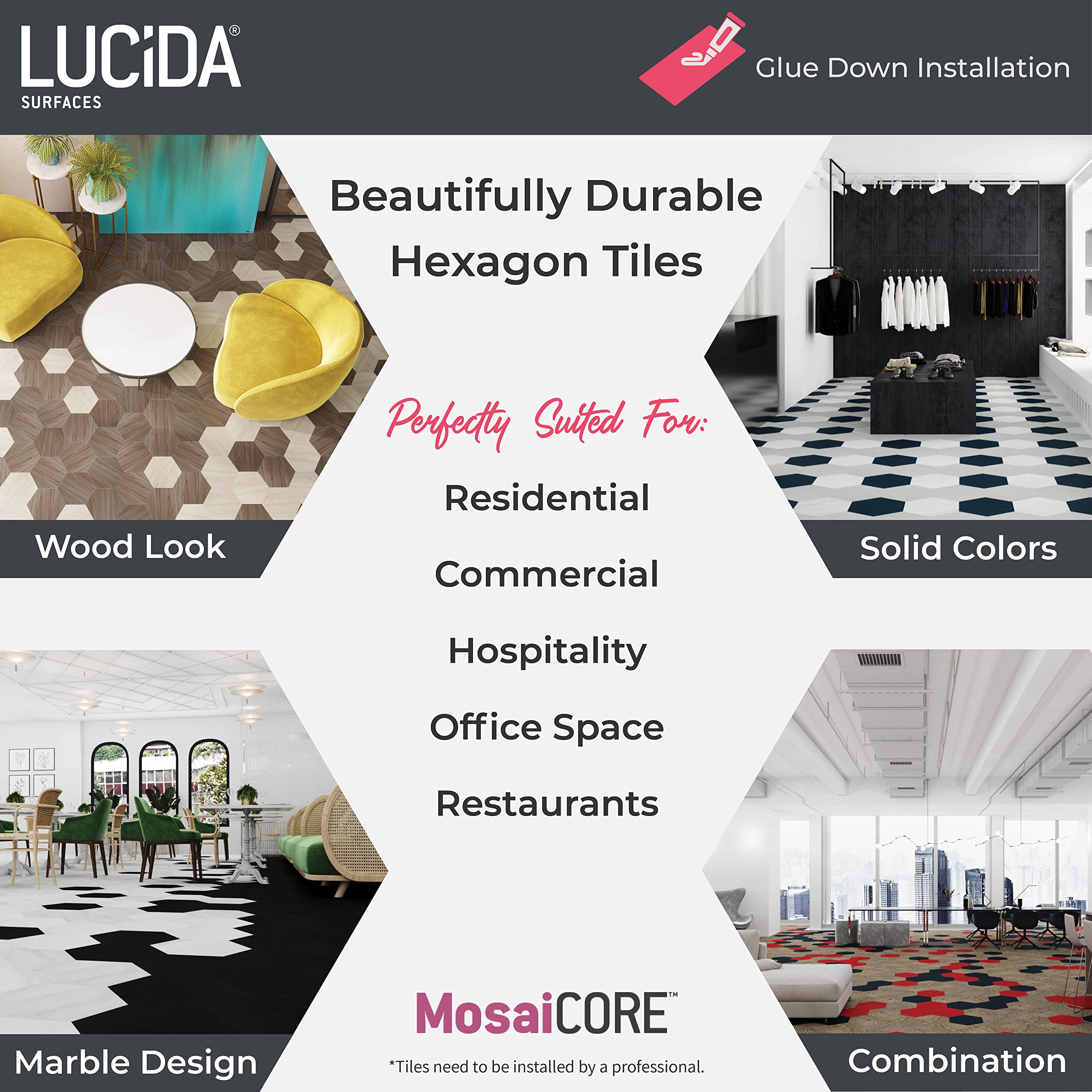Lucida Surfaces Luxury Vinyl Floor Tiles | Glue Down Adhesive Flooring | 25 Marble and Wood Look Hexagon Shaped Tiles | MosaiCore | 12.25 Sq. Feet