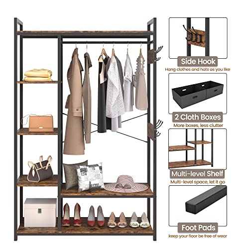 Free Standing Closet Organizer with Storage Box & Side Hook, Portable Garment Rack with 6 Heavy Duty Shelves and Hanging Rod, Black Metal Frame Hanging Closet Shelves - Rustic Brown