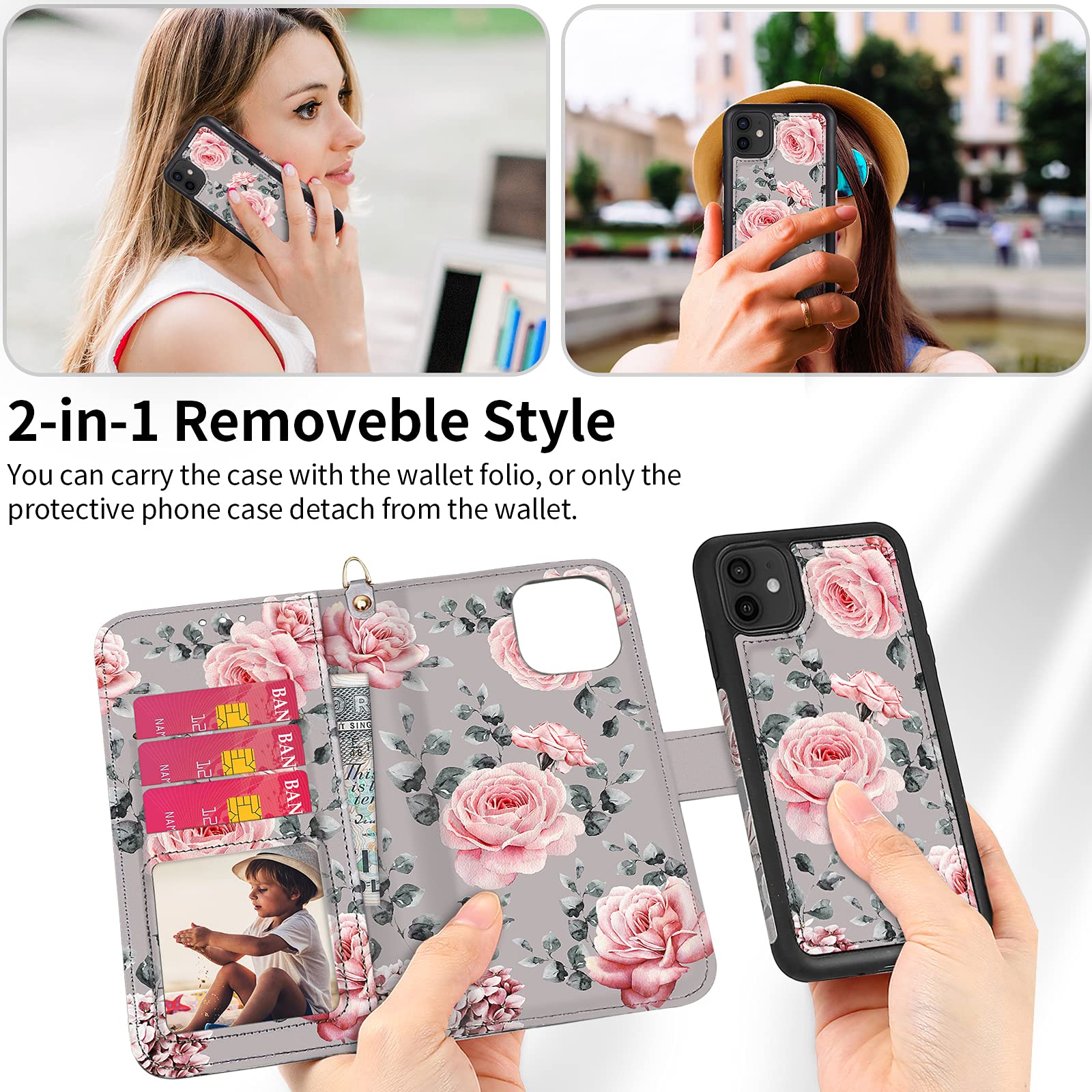 HOGGU Compatible for iPhone 11 Wallet Case, Magnetic Detachable Case Wallet with RFID Blocking Card Holder, Hand Strap, Flip Folio PU Leather Cover Case with Floral Flower Design for Women(Gray)