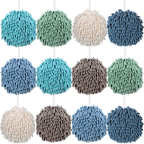 Macarrie 12 Packs Fuzzy Ball Towel for Bathroom Chenille Hand Towel Handball Absorbent Soft Decorative Fast Drying Towel with Loop Hanging Kitchen Towels for Kitchen Decor, 6 Colors