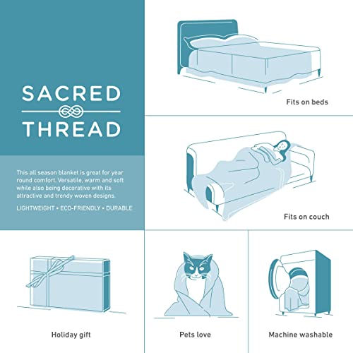 Sacred Thread Fleece Blanket, Southwestern Aztec Queen Blanket, Native American Throw Blanket for Sofa, Couch and Bed, Reversible Winter Blanket (Blue Flannel/Flannel 40x60)