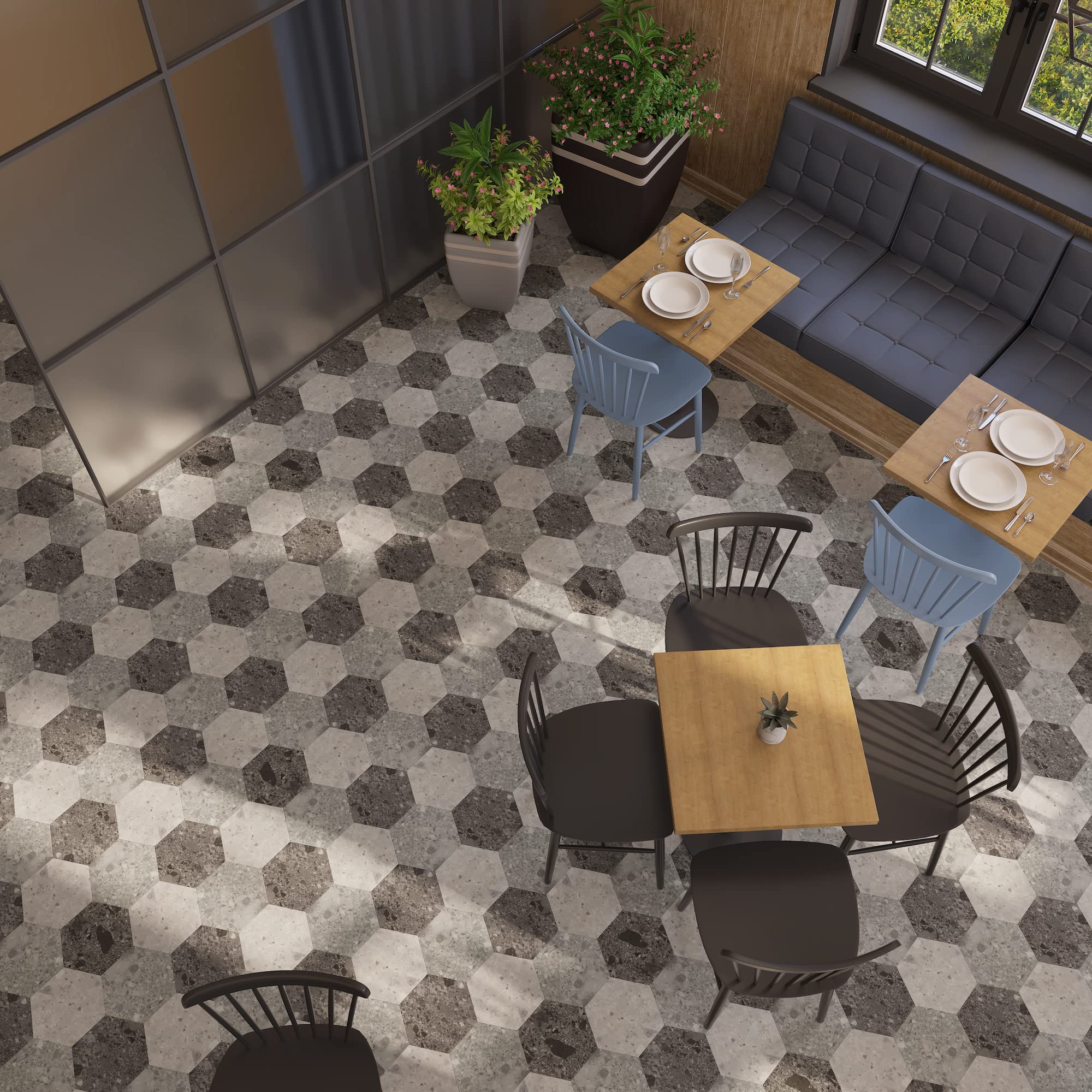 Lucida Surfaces Luxury Vinyl Floor Tiles | Glue Down Adhesive Flooring | 25 Marble and Wood Look Hexagon Shaped Tiles | MosaiCore | 12.25 Sq. Feet