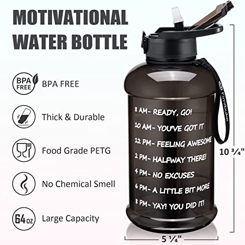 Fimibuke 64 OZ Water Bottle with Handle & Straw, Leakproof Motivational Sports Gym Water Bottle with Time Marker, BPA Free, Neoprene Holder, Leopard