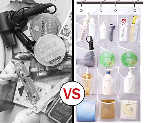 MISSLO Mesh Shower Organizer Hanging 15 Pockets Over the Door Bathroom Storage, Extra Large Capacity for Toiletry Accessories, White