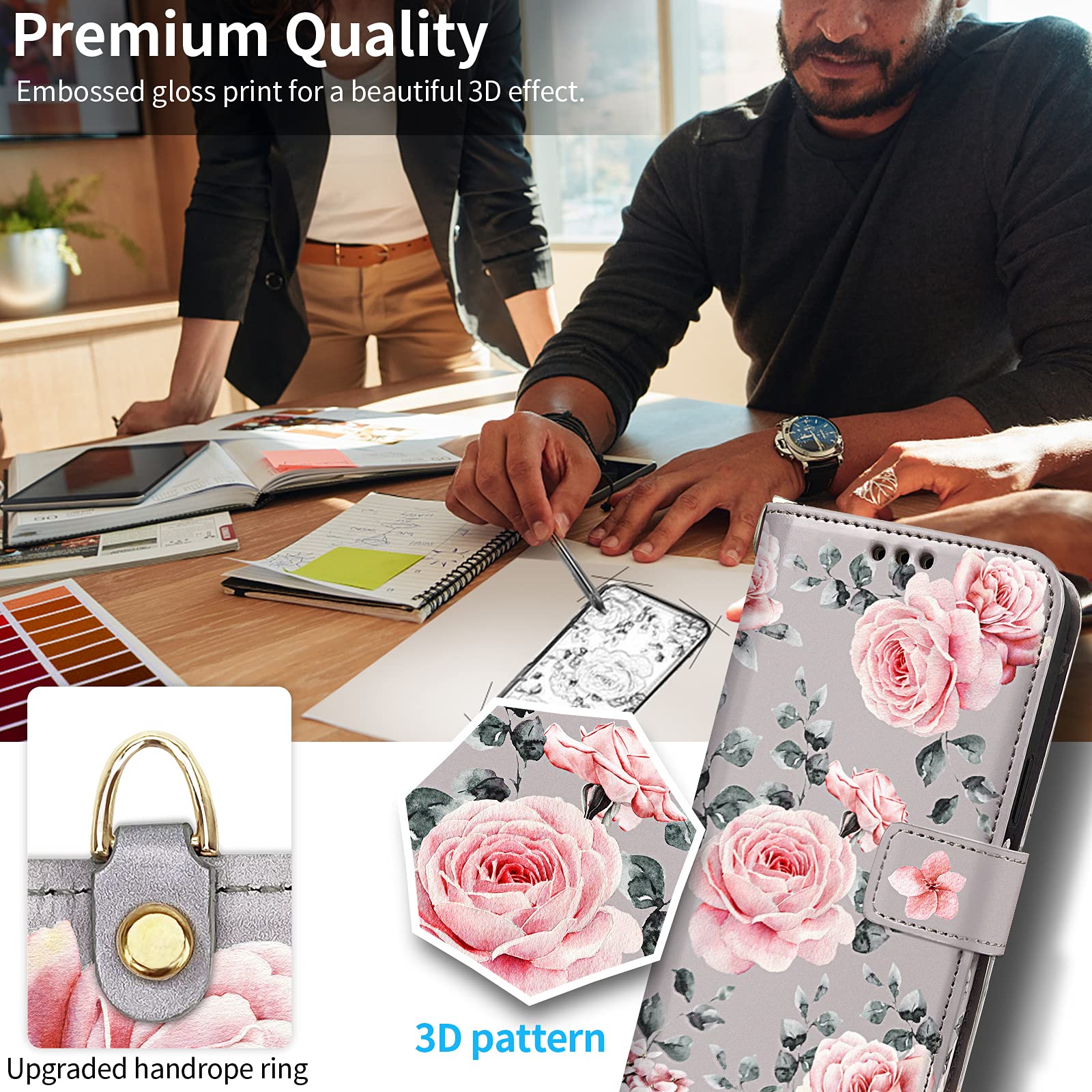 HOGGU Compatible for iPhone 11 Wallet Case, Magnetic Detachable Case Wallet with RFID Blocking Card Holder, Hand Strap, Flip Folio PU Leather Cover Case with Floral Flower Design for Women(Gray)