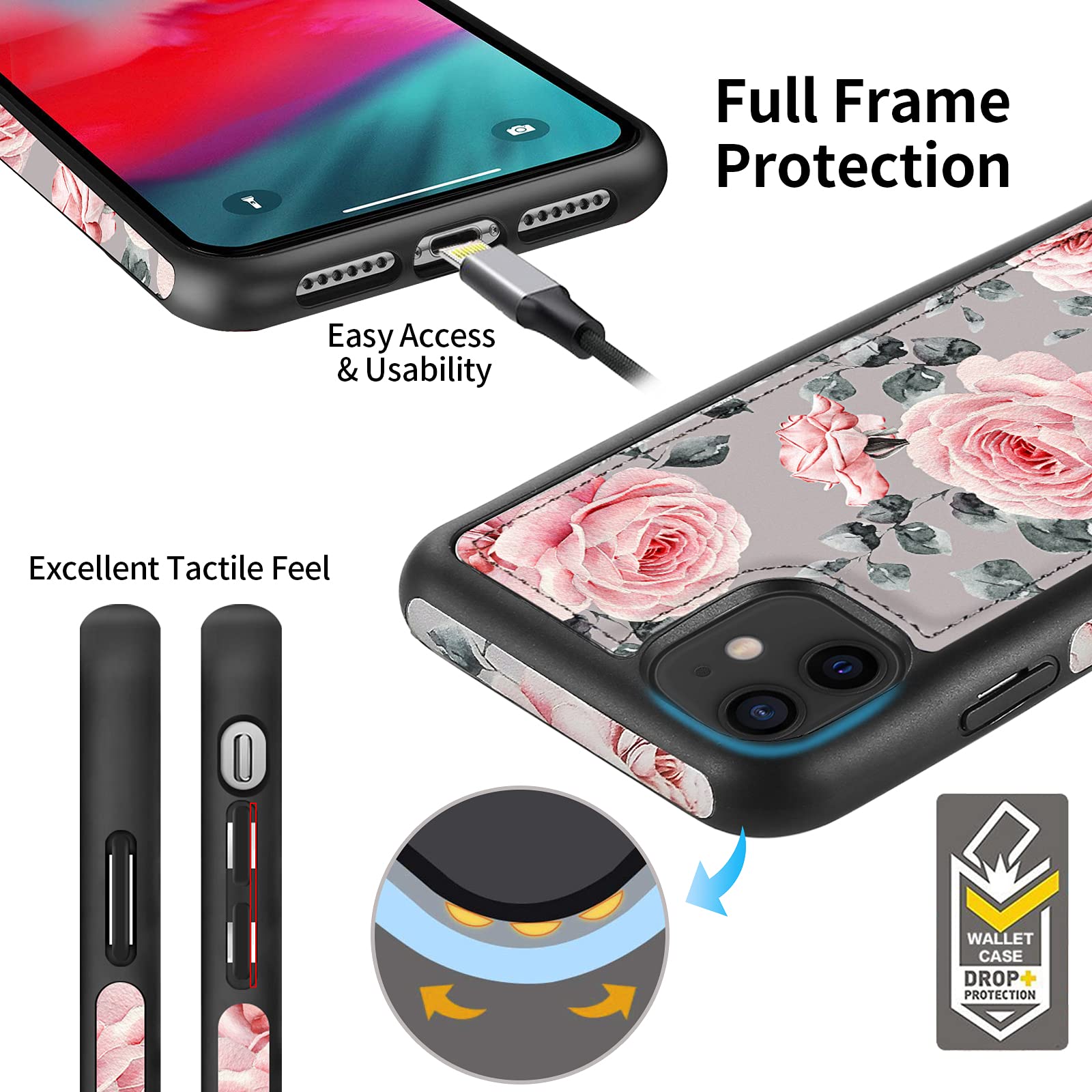 HOGGU Compatible for iPhone 11 Wallet Case, Magnetic Detachable Case Wallet with RFID Blocking Card Holder, Hand Strap, Flip Folio PU Leather Cover Case with Floral Flower Design for Women(Gray)