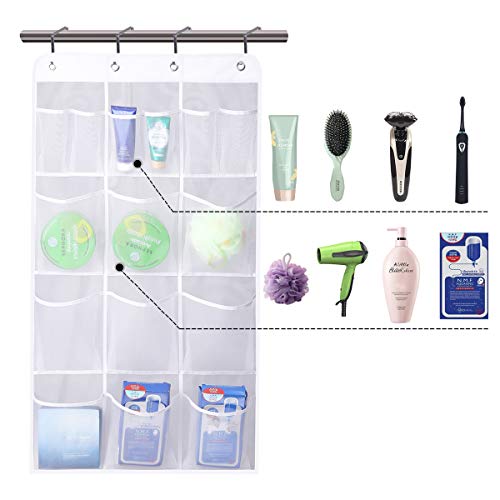 MISSLO Mesh Shower Organizer Hanging 15 Pockets Over the Door Bathroom Storage, Extra Large Capacity for Toiletry Accessories, White