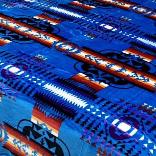 Sacred Thread Fleece Blanket, Southwestern Aztec Queen Blanket, Native American Throw Blanket for Sofa, Couch and Bed, Reversible Winter Blanket (Blue Flannel/Flannel 40x60)