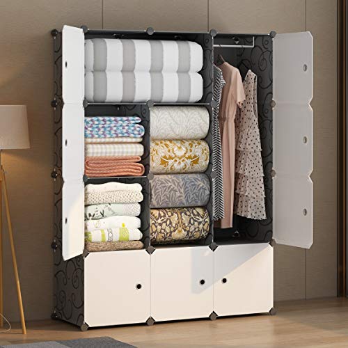 KOUSI Portable Wardrobe Closets 14"x18" Depth Cube Storage, Bedroom Armoire, Storage Organizer with Doors, 12 Cubes, Black
