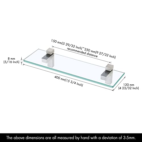 KES Glass Shelf for Bathroom, 15.8-Inch Bathroom Wall Shelf with Rectangle Tempered Glass and Brushed Nickel Bracket, Glass Bathroom Shelves 2 Pack, BGS3201S40-2-P2