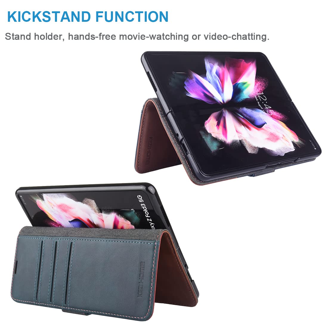 KEZiHOME Genuine Leather Wallet Case for Samsung Galaxy Z Fold 3 5G, RFID Blocking, Card Slots, Flip Kickstand Phone Cover (Navy Blue/Brown)