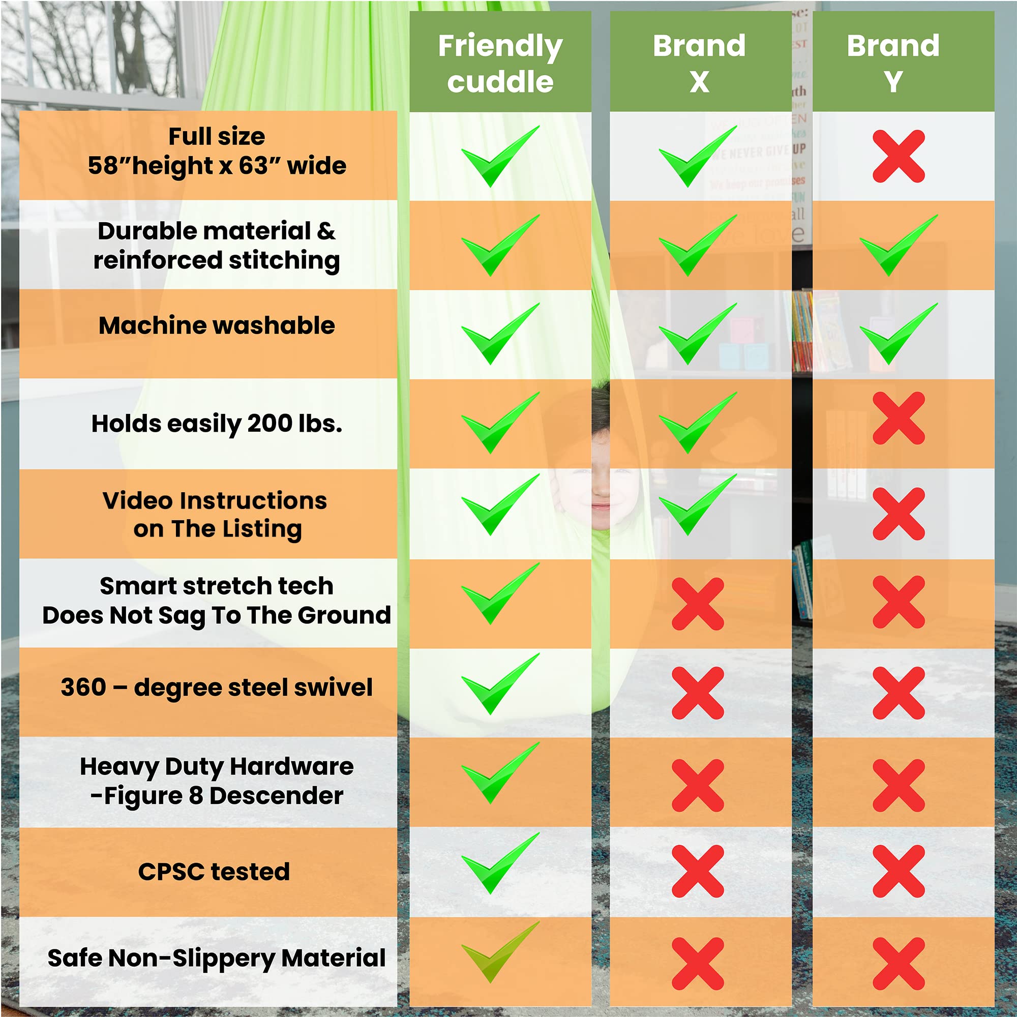 Friendly Cuddle Indoor Swing for Kids – Indoor Sensory Swing, or Outdoor, + 360° Swivel Calming Compression Therapy Swing Hammock for Kids & Adults with All Hardware – Sensory-Motor Toys & Gifts