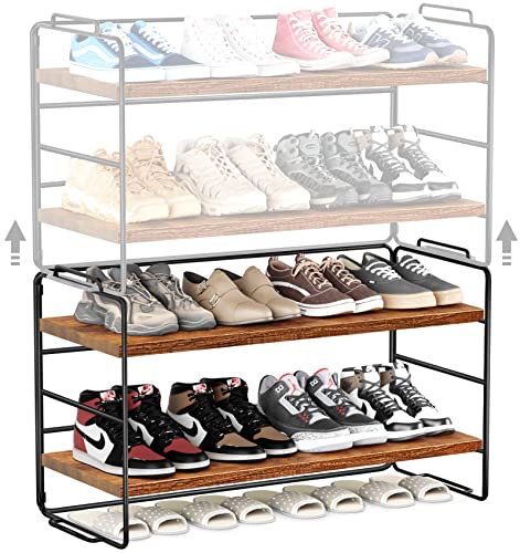 DANCELF Shoe Rack, Metal Shoe Organizer for Closet, Adjustable Free Standing Shoe Storage, Shoe Tower for Entrance Living Room Kitchen, Rustic Brown