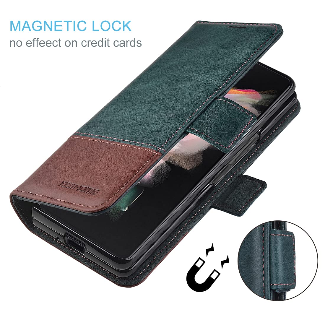 KEZiHOME Genuine Leather Wallet Case for Samsung Galaxy Z Fold 3 5G, RFID Blocking, Card Slots, Flip Kickstand Phone Cover (Navy Blue/Brown)
